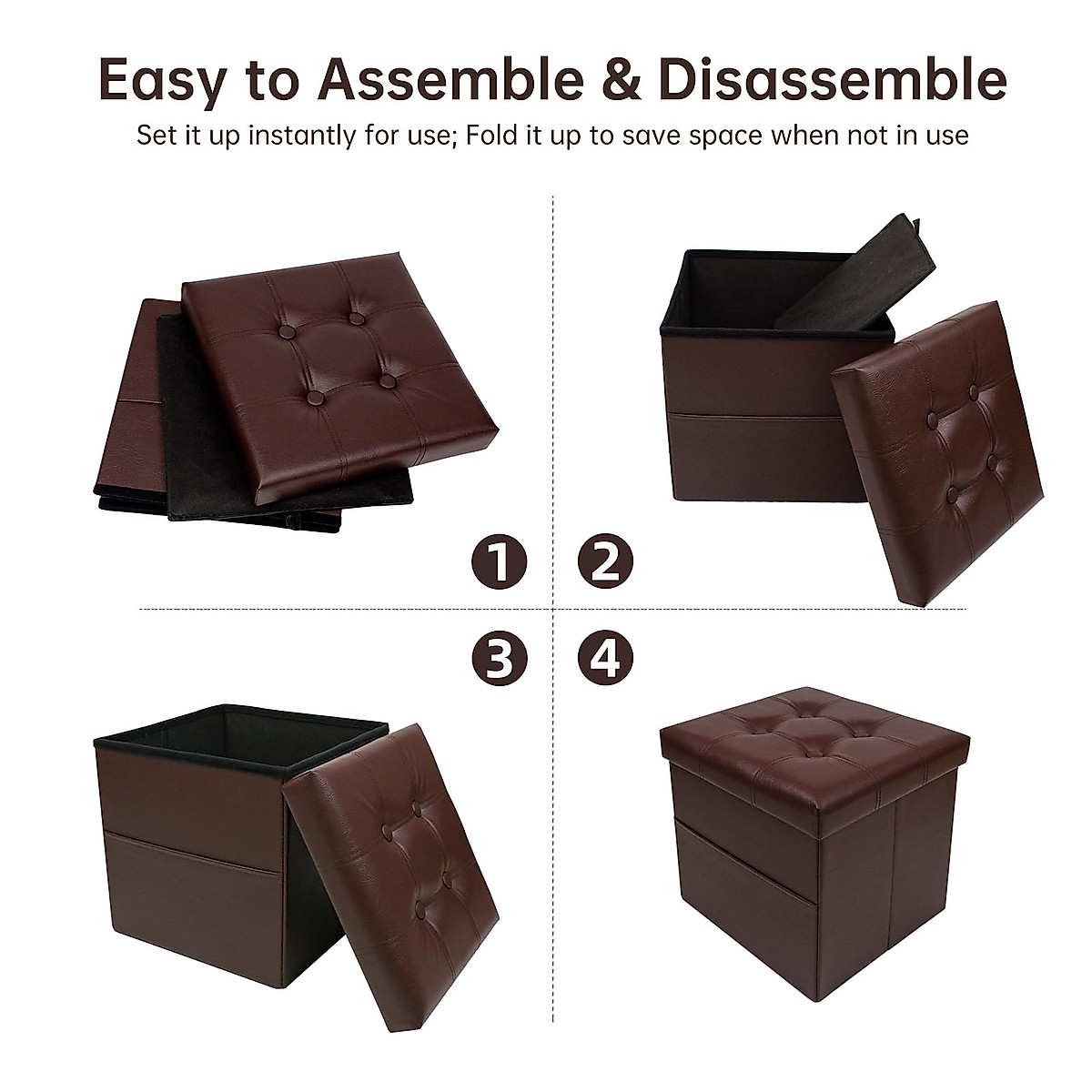 xuperbonus15 Inches Folding Storage Square Ottoman with Side Pocket Brown Leather Cube Foot Rest Stool Seat for Dorm Living Room Bedroom