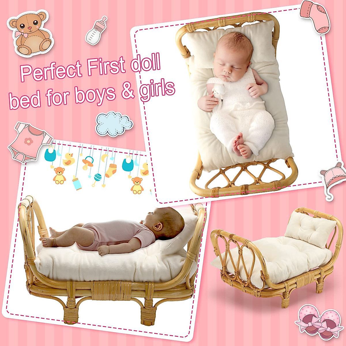Thyle Newborn Photography Props Bed Rattan Baby Bed with Mattresses and Pillows Baby Photoshoot Props Handcrafted Boho Baby Crib Photo Studio Prop Newborn Bed Prop
