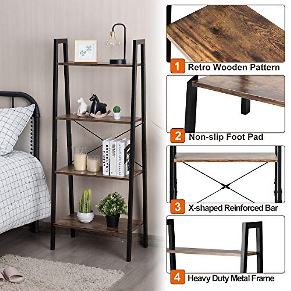 Tangkula Industrial Ladder Shelf, 4-Tier Retro Metal Frame Bookshelf, Multipurpose Bookcase Storage Organizer for Home Living Room Office, 4-Tier Ladder Shelves (Rustic Brown)