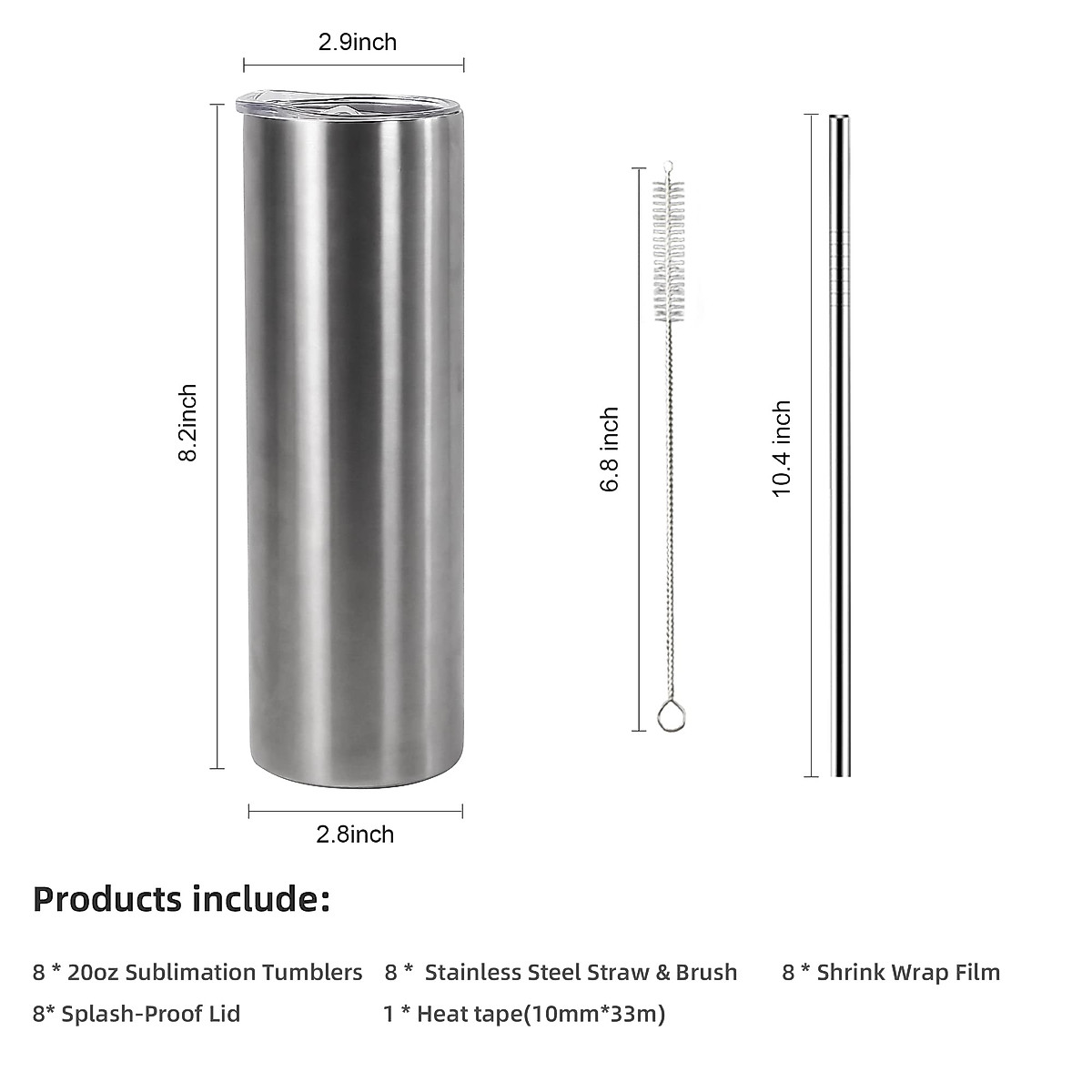 AGH 8 Pack 20oz sublimation tumbler blank, Stainless Steel Tumblers Bulk With Reuse Straw and Brush, Silvery Cup Vacuum Insulated Mug for Travel Coffee