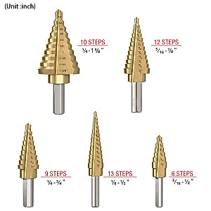 HYCLAT 5PCS Step Drill Bit Set & 1PC Automatic Center Punch | Titanium High-Speed Steel (HSS) Stepper Cone Drill Bit | Covering 50 Sizes(1/8''-1 3/8''), 135 Degree Point, with Aluminum Case