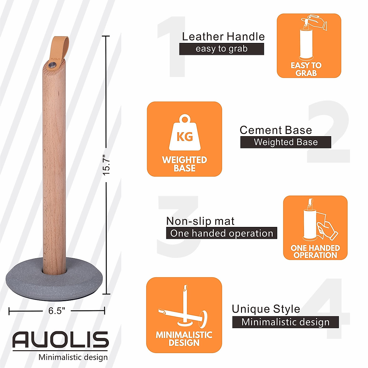 Paper Towel Holder Countertop - Auolis Wooden Paper Towel Rack - Stand Kitchen Accessories Paper Towels Rolls Dispenser with Leather Handle & Cement Base ,for Bathroom and Farmhouse(White)