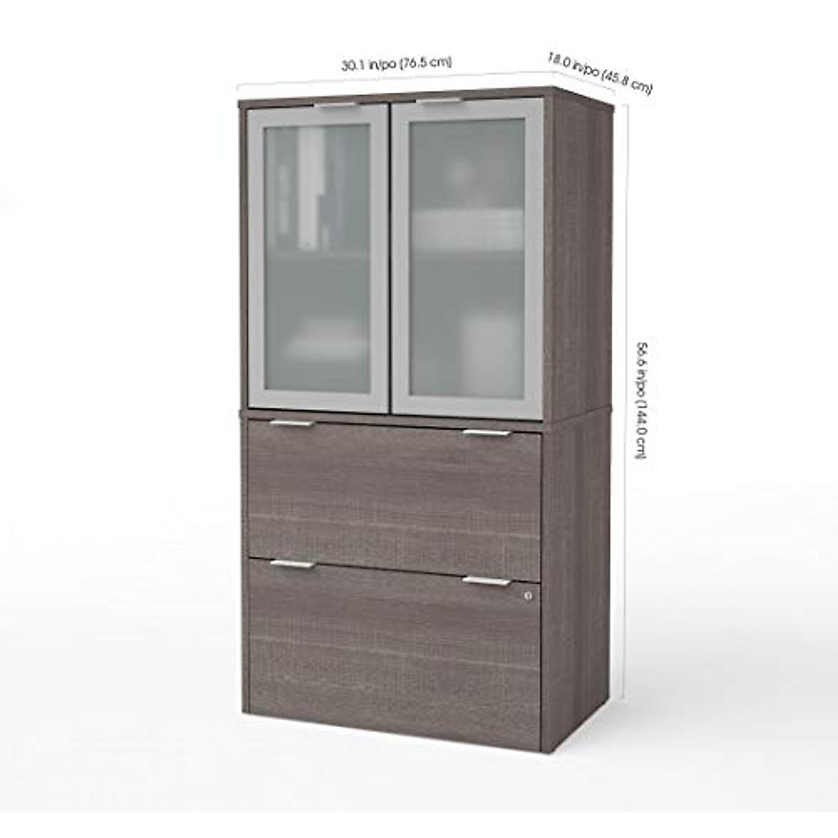 Bestar i3 Plus Lateral File Cabinet with Frosted Glass Doors Hutch, 31W, Bark Grey