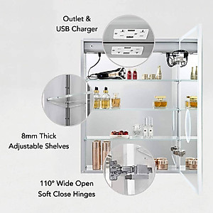 Recessed or Surface LED Mirror Medicine Cabinet with Lights, LED Medicine Cabinet w/Defogger, Dimmer, 3X Makeup Mirror, Outlets & USB (24x32/Right Hinge/Zoom Mirror)