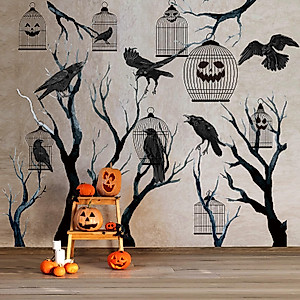 Seajan 4 Sheets Halloween Wall Decals Halloween Black Wall Stickers Black Tree Crow Cage Wall Decals Large Halloween Wall Decals Halloween Home Decor DIY Art for Wall Window Door (Birdcage, Crow)
