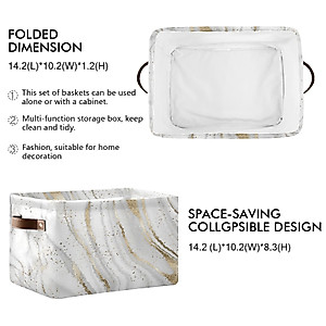 MNSRUU Storage Basket White Gold Marble Collapsible Organizer Basket with PU Handles, Waterproof Nursery Storage Bin，2 Pack