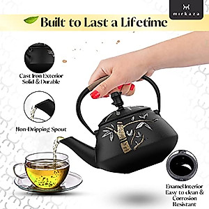 Tea Kettle, Cast Iron Tea Pot with Stainless Steel Infuser, Japanese Tea Pots for Stove Top, Unique Hand Painted Bamboo Pattern, Teapots with Enameled Interior, Tetsubin Tea Kettle, 800ML
