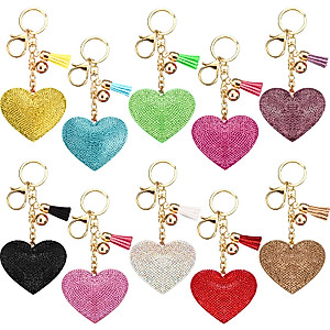 Bling Rhinestone Heart Shape Keychains Glitter Crystal Heart Tassel Keychains Key Rings for Women Girls (Mixed Color, 10)