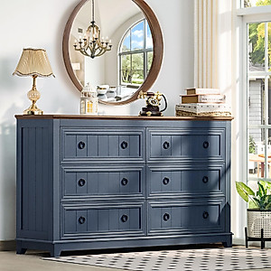 Joaxswe 6 Drawers Dresser for Bedroom, Farmhouse 58 Inch Wide Wood Dresser Chest of Drawers, Vintage Design TV Stand, Rustic Storage Dressers Organizer for Bedroom, Living Room, Hallway - Navy Blue