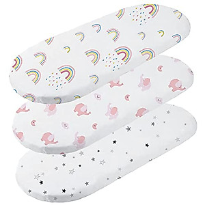 Plushii Bassinet Sheets for Baby Girls 3 Pack, 32"x 16" Extra Soft Microfiber Bassinet Sheet Universal for Oval Rectangle and Hourglass Bassinet Mattress, Rainbow & Pink Elephant & Stars