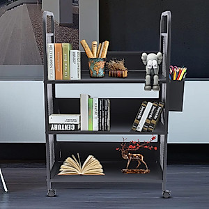 DDBESSIC Rolling Book Cart, 3 Tier Book Rack Storage Bookshelf with 3 Flat Shelves, Movable Bookcase with Wheels Utility Organizer Cart Side Literature Rack