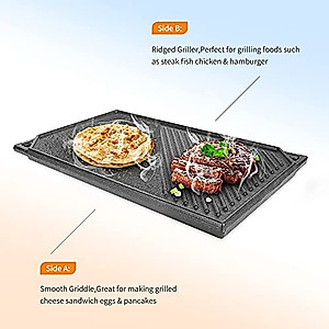Hisencn Cast Iron Griddle, Nonstick Reversible Griddle for Gas Grill, Cast Iron Griddle Plate for Gas Stove Top, Oven, Outdoor Grill or Campfire (16.45'' x 9.45'')