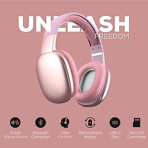 Gabba Goods Wireless Over Ear Bluetooth Headphones with Microphone - Wireless Headset -Noise Reduction - Bluetooth, Wired,Built in Micro SD for Travel, Home, Work TV,PC,Gaming,Cellphone (Pink)