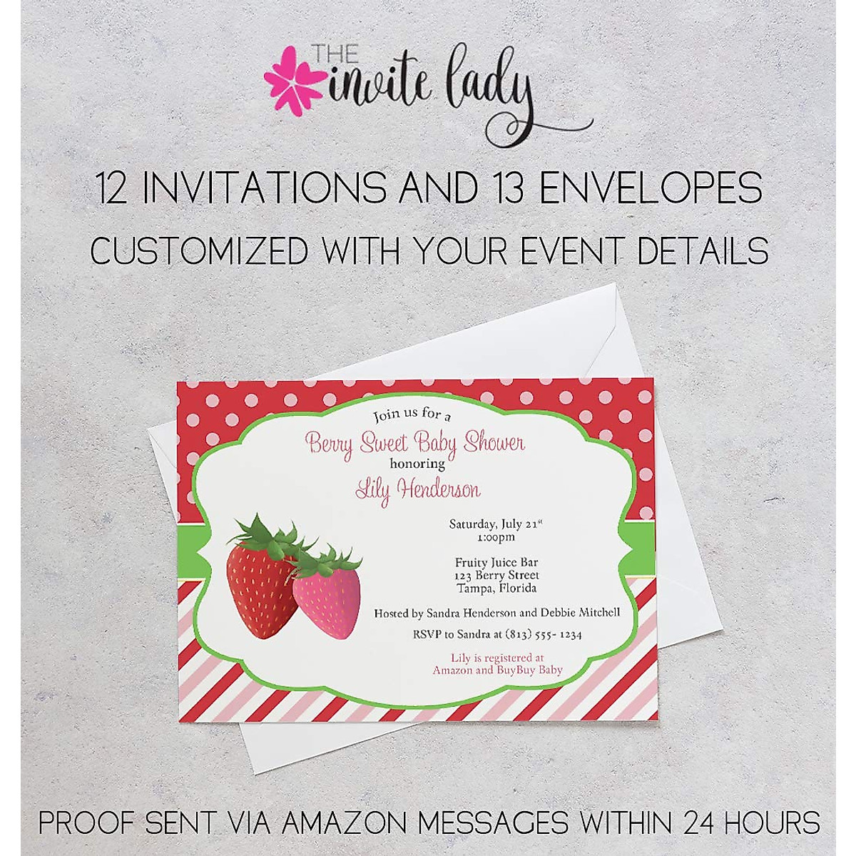 Baby Shower Invitations Berry Sweet Invites Strawberry Girls It's a Girl Polkadots Sweet Party Printed Customized Cards (12 Count)