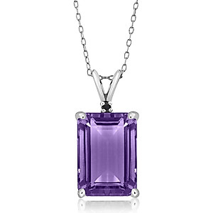 Gem Stone King 925 Silver Purple Amethyst and Black Diamond Pendant Necklace For Women (7.12 Cttw, Gemstone February Birthstone, Emerald Cut 14X10MM, with 18 Inch Silver Chain)