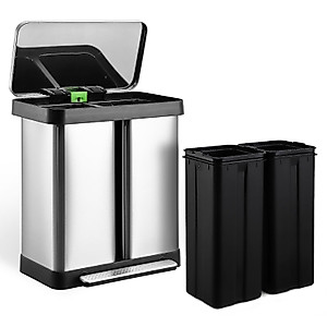 WELYFE 16 Gallon Kitchen Trash Can, Recycle Trash Can with Dual Removable Liners, Stainless Steel Dual Trash and Recycling Bin