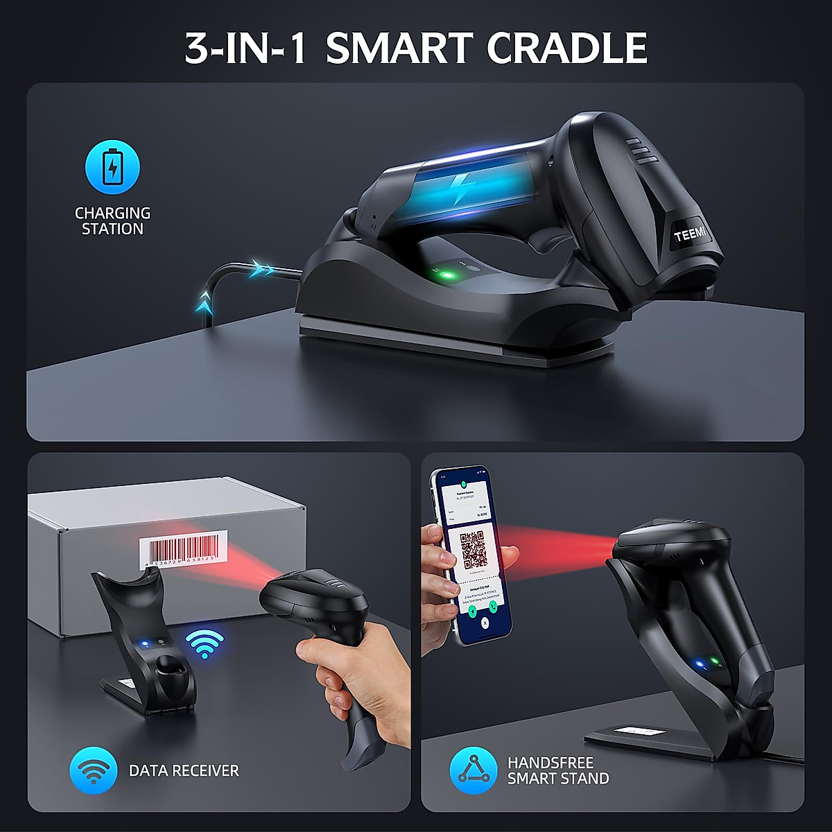 TEEMI QR Bluetooth 5.0 Barcode Scanner with Wall Mountable USB Charging Cradle Data Receiver, 1D 2D Wireless CMOS Screen Scanning PDF417 Data Matrix, Max 300 Yards Transfer Range