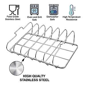Large Rib Rack for Smoking - 6 Slots Rib Racks for Grilling - Easy to Use and Clean BBQ Rib Rack for Grill - Premium Durable Rib Rack Stainless Steel