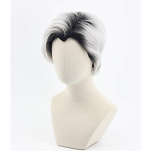 SpeedBeauty Man's Short Curly Silver Grey Boot Black Cosplay Wig Halloween Costume Wig