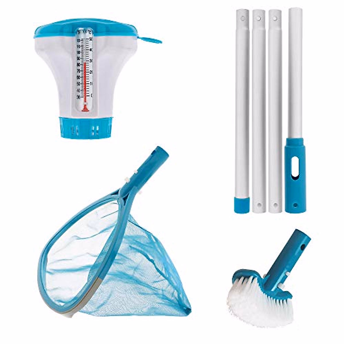 U.S. Pool Supply Professional Heavy Duty Spa, Hot Tub, Pond Cleaning & Maintenance Set - Small Skimmer Net, Deep Fine Mesh Netting, Spa Scrubbing Brush, 4 Ft Pole, Floating Chlorine Chemical Dispenser