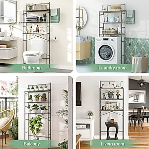 MallCreaty Over The Toilet Storage, 3 Tier Bathroom Organizer Shelf with X-Shaped Bar, Above Toilet Storage Rack with 4 Hooks, Grey