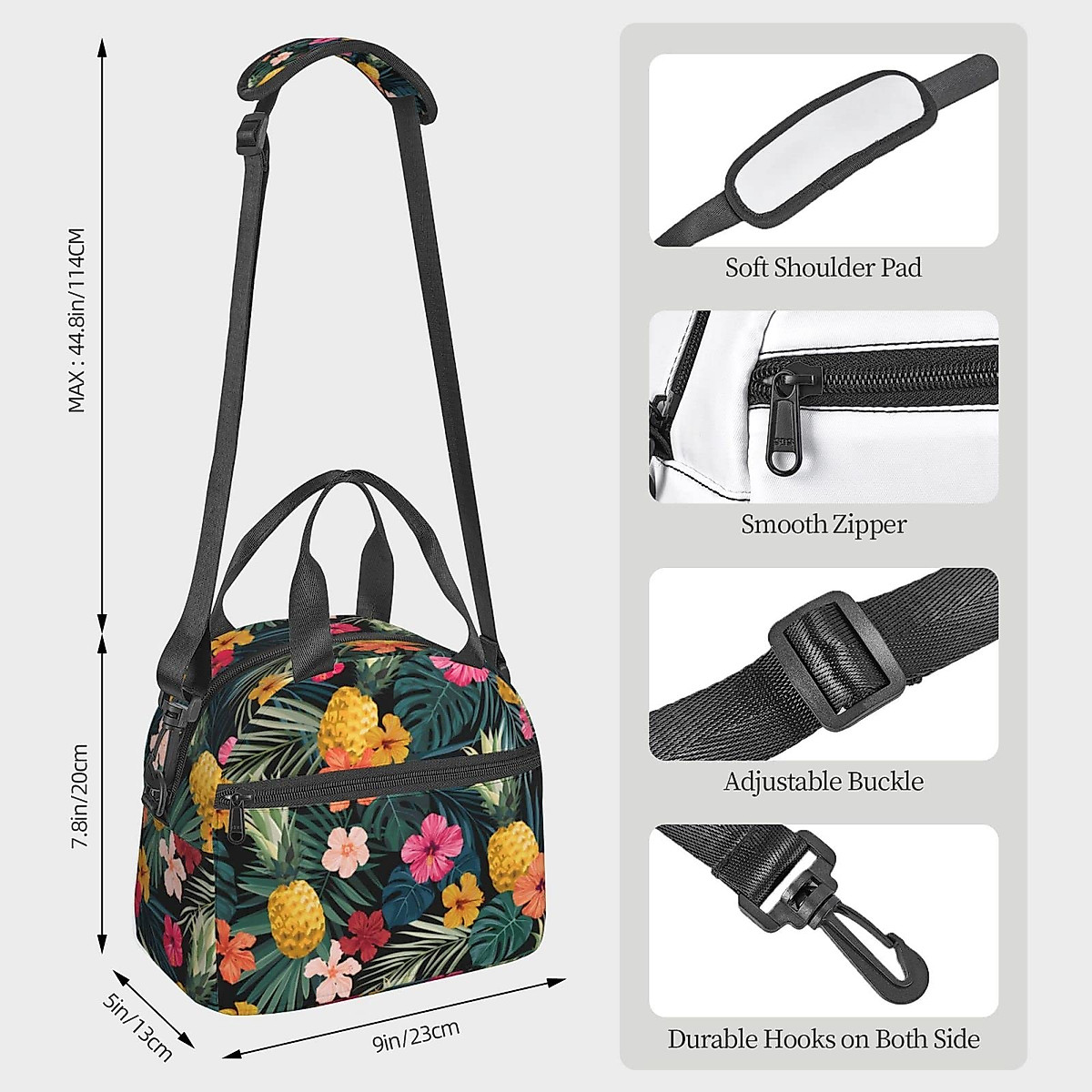 Palm Leaves Hibiscus Flowers Lunch Bag Tropical Pineapples Fruit Reusable Insulated Lunch Tote Bag Lunchbox Container With Adjustable Shoulder Strap For Office Work School Picnic Travel