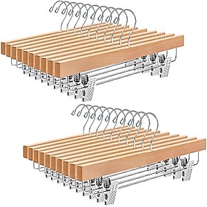 BAGAIL Wooden Pants Hangers with Adjustable Clips, 360°Swivel Hook Space Saving Skirt Holders with Anti-Rust Clips for Trousers, Jeans, Shorts (20Pack Natural)