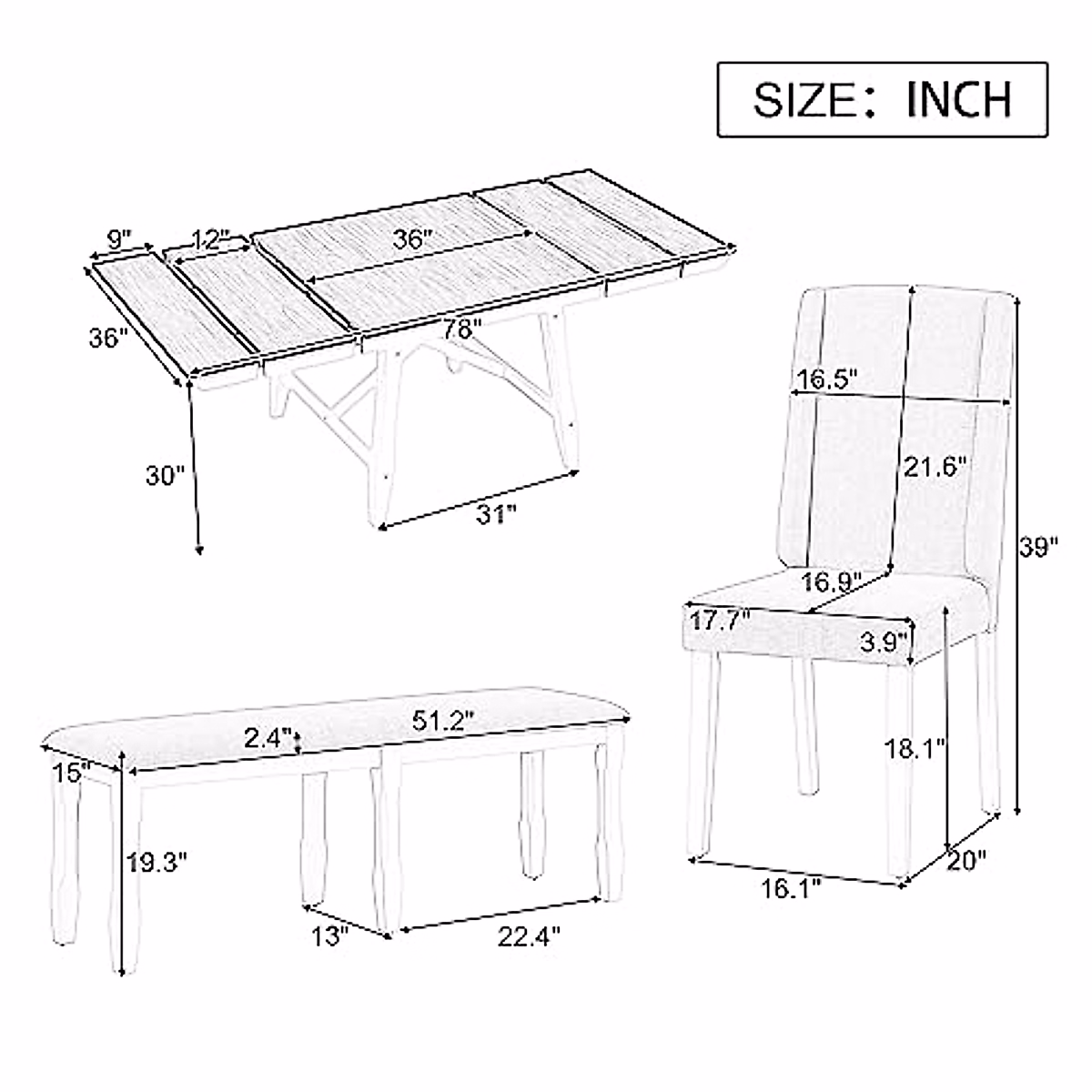 HAUSHECK Classic 4-6, Modern Home Furniture Small Space with Rectangular Extendable Table w/Two 12" W Removable Leaves, Upholstered Bench & Chairs w/Wing Back, Kitchen & Dining Room Sets for 6, White