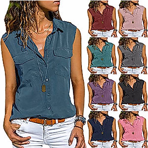 Andongnywell Women's Sleeveless Solid Color Button Shirts Simple Buttons Cardigan Formal Casual Shirt Blouse (Blue,6,3X-Large)
