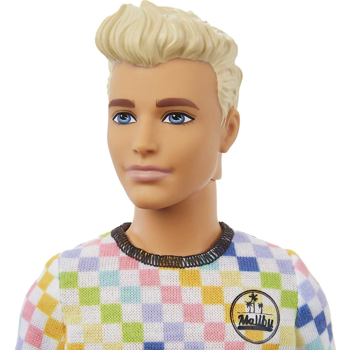 Barbie Fashionistas Ken Doll #174 with Sculpted Blonde Hair Wearing Surf-Inspired Checkered Shirt, Denim Shorts & Deck Shoes
