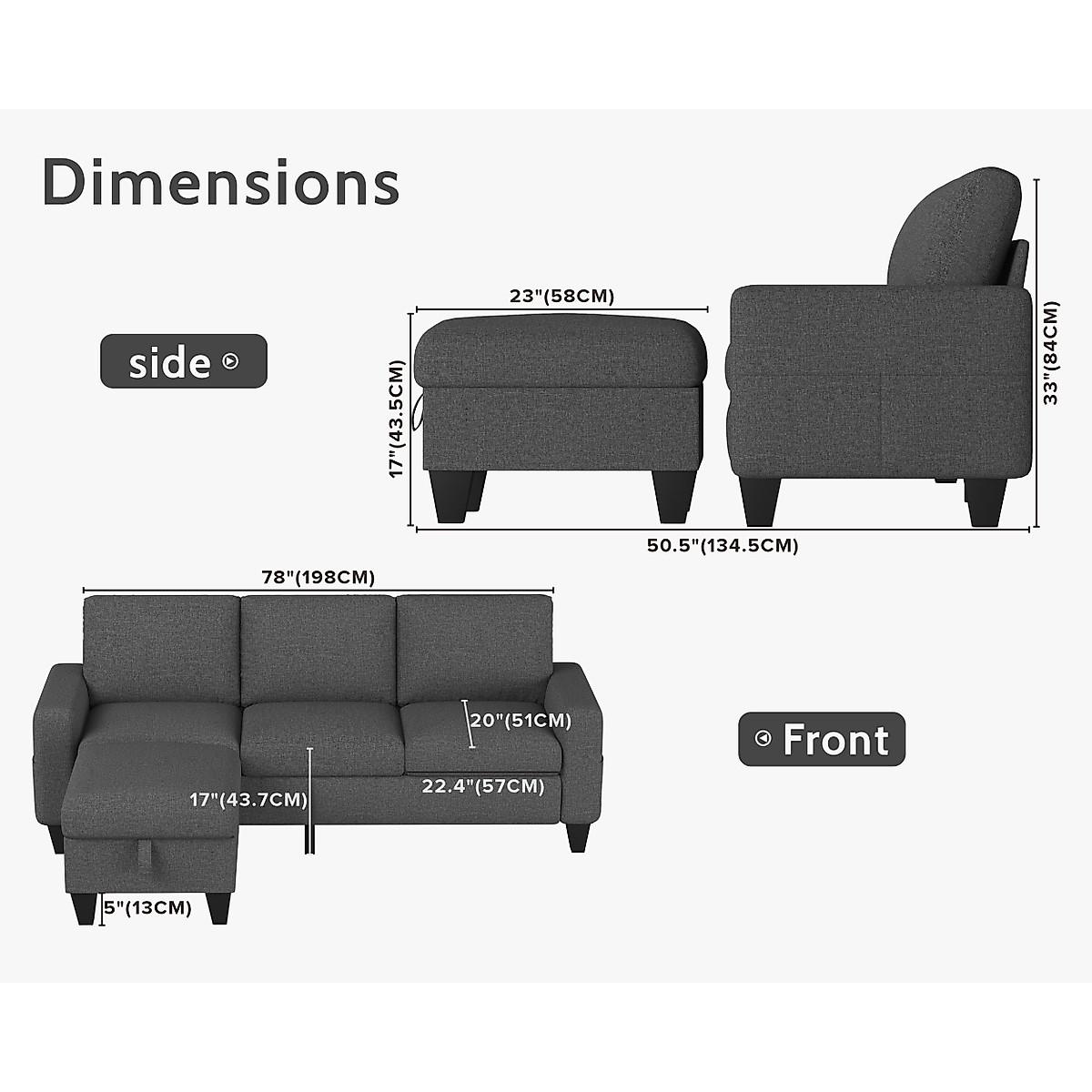 Woyomeub Sectional Sofa Couches for Living Room: Convertible L Shaped Couch with Storage Ottoman - Grey Small 3 Seater Sofas Furniture Set for Small Space