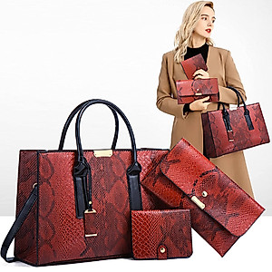 NC Snakeskin Pattern Female Bag Fashion Trend Diagonal Handbag Retro Large-Capacity Four-Piece Bag, Red
