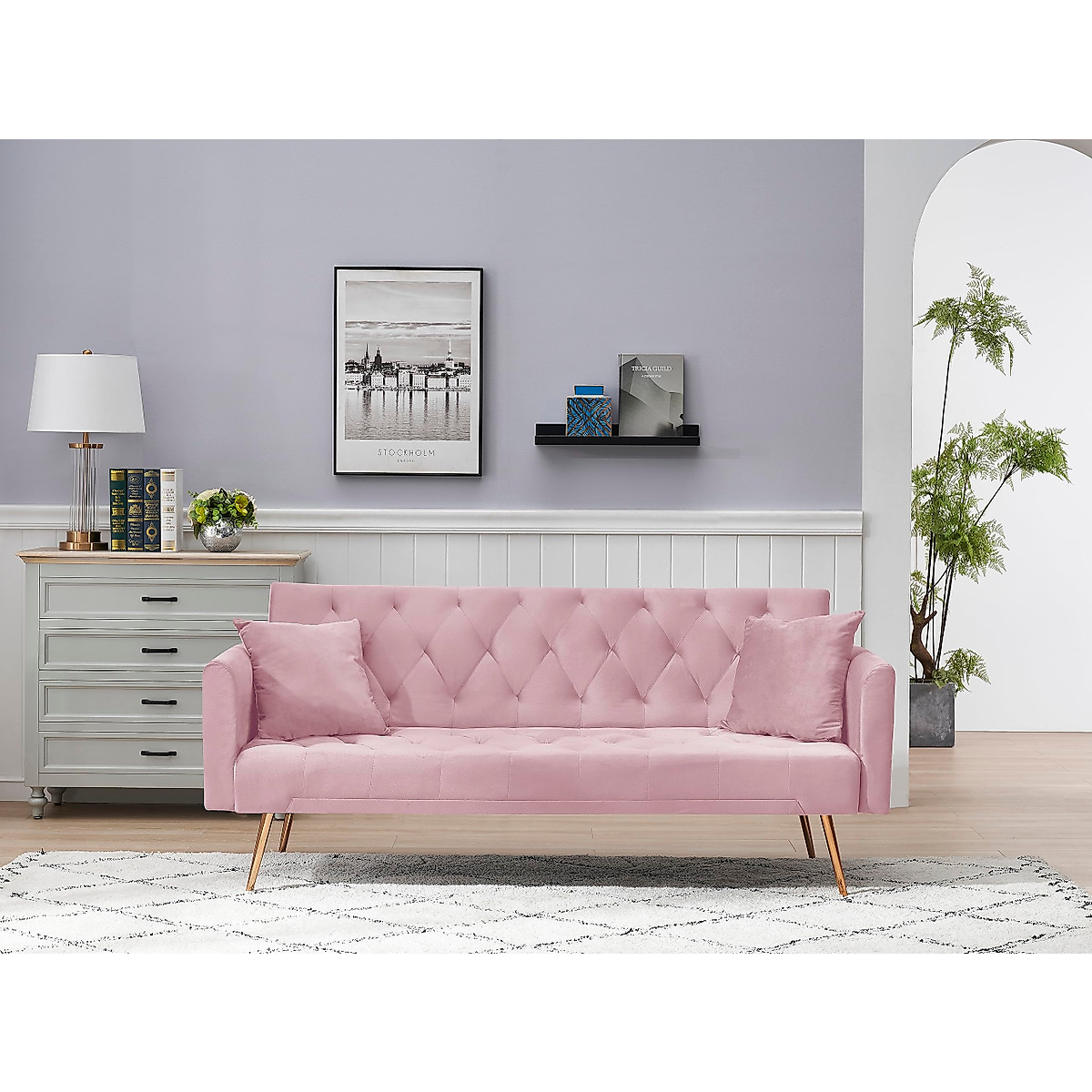 Eafurn Comfy Velvet Upholstered Futon Foldable Daybed Bed for Sleep Overs, Convertible Sleeper Loveseat with 2 Pillows, 71" Tufted Sofa & Couches with Golden Metal Legs for Compact Living Space, Pink