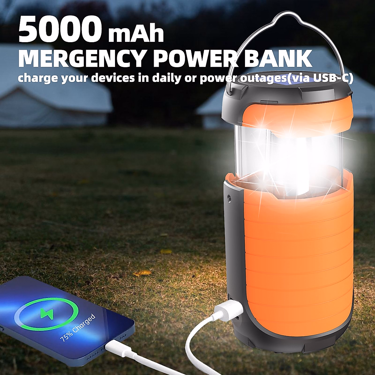 Solar Camping Lantern,Rechargeable Battery Powered Camping Lantern, 2 Lighting Modes, 5000mAh Long Battery Life, USB Charging Port, Waterproof Camping Lamp for Emergency/ Hiking/ Fishing