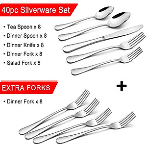 LIANYU 48-Piece Silverware Set with Extra Forks, Stainless Steel Flatware Cutlery Set for 8, Eating Utensils Tableware, Dishwasher Safe, Mirror Finish