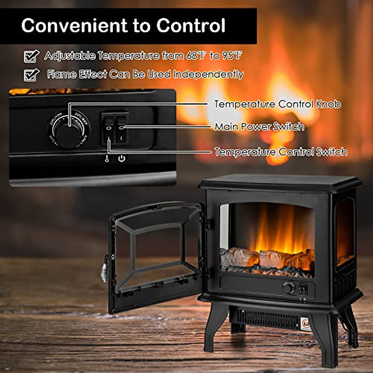 GOFLAME Electric Fireplace Stove, Freestanding Fireplace Heater with Realistic Flame Effect and Adjustable Thermostat, Compact Stove Heater with Overheating Safety Protection, CSA Certified, 1400W