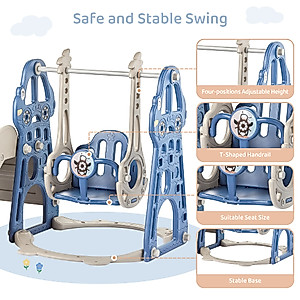 4 in 1 Toddler Slide and Swing Set, Kid Slide for Toddlers Age 1-2, Baby Slide with Basketball Hoop, Indoor Outdoor Slide Toddler Playset Toddler Playground– Blue