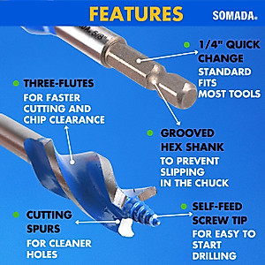 SOMADA Auger Drill Bit Set for Wood, 5-Piece, 1/2", 5/8", 3/4", 7/8" and 1" Inch Size, 4-Inch Long with Storage Case, Impact Wood Auger Set with Quick Change