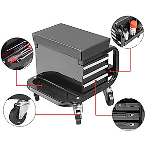 Torin APD2016AB Rolling Tool Chest/Tool Box with 3 Drawers and Wheels, Padded Mechanic Stool Creeper Seat, Black