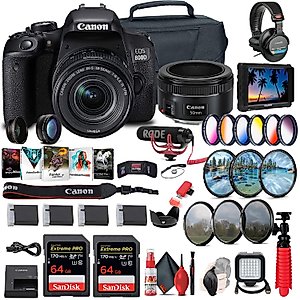 Canon EOS Rebel 800D / T7i DSLR Camera with 18-55 4-5.6 is STM Lens (1895C002) + 4K Monitor + Canon EF 50mm Lens + Mic + Headphones + 2 x 64GB Cards + Color Filter + Case + More (Renewed)