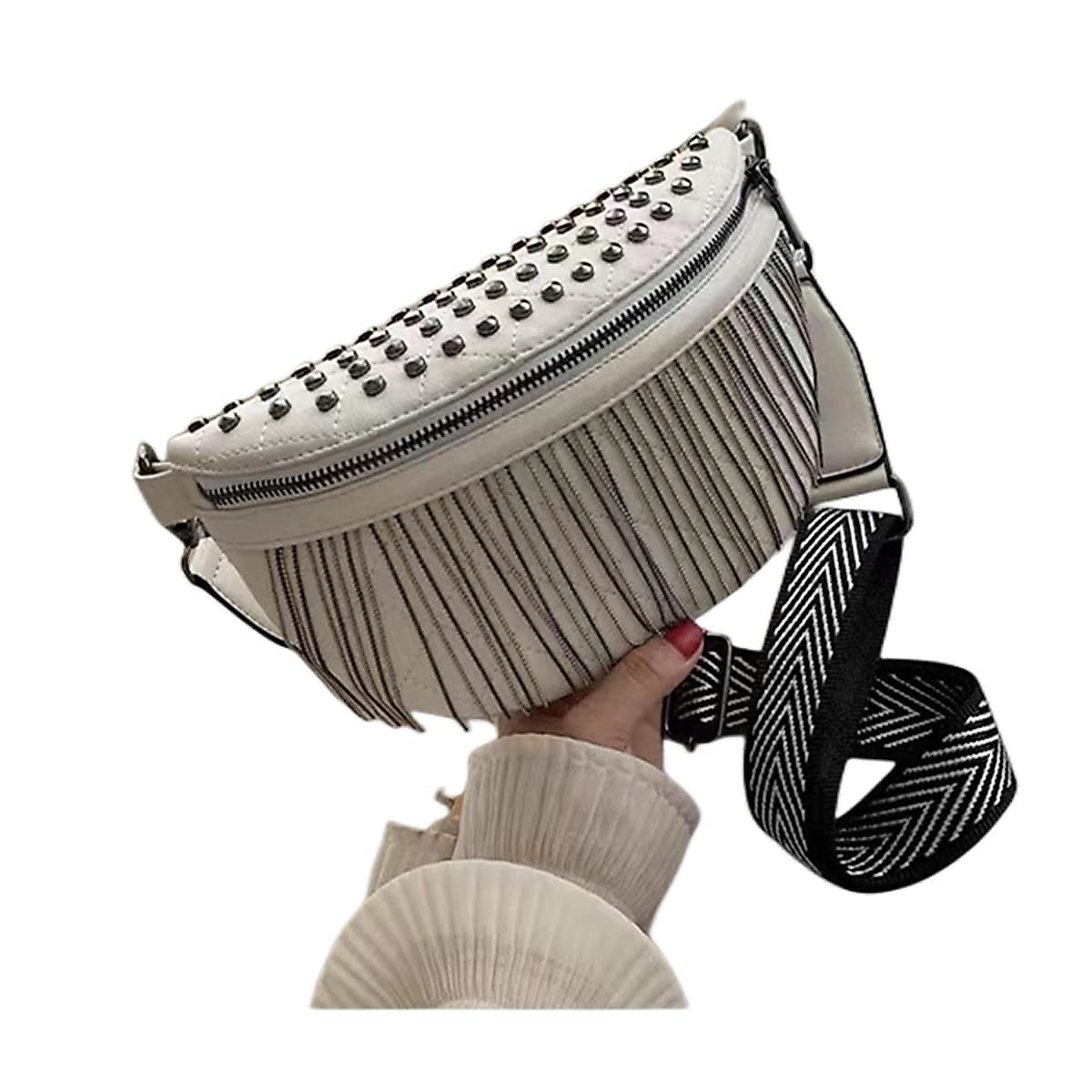 IAMUHI Women Vegan Leather Cross Chest Bag Rivets Fringed Shoulder Handbag Purse Waist Bag,White