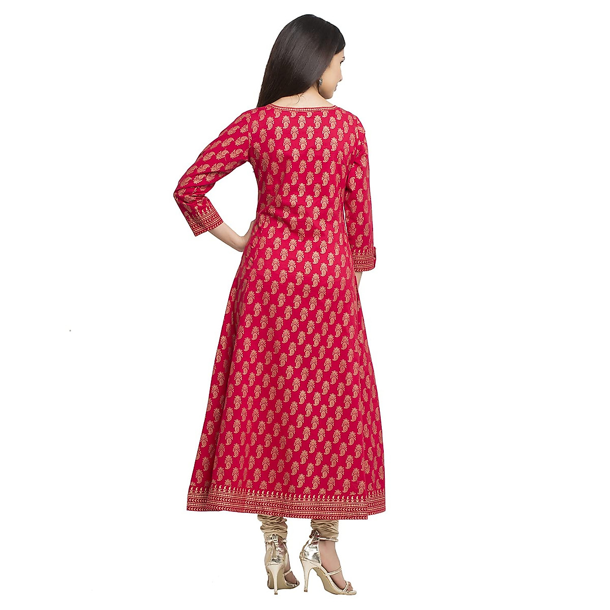 Yash Gallery Women's Cotton Gold Printed Anarkali Kurtis for Women (Red, L)