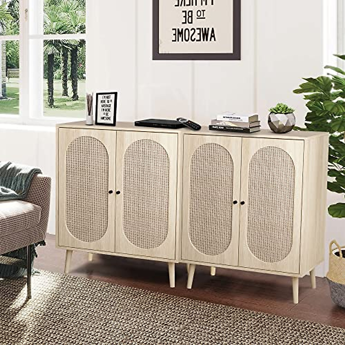 QHITTY Rattan Sideboard Buffet Cabinet, Accent Kitchen Storage Cabinet Console Table with Adjustable Shelves for Living Room, Dining Room, Bedroom (Natural)