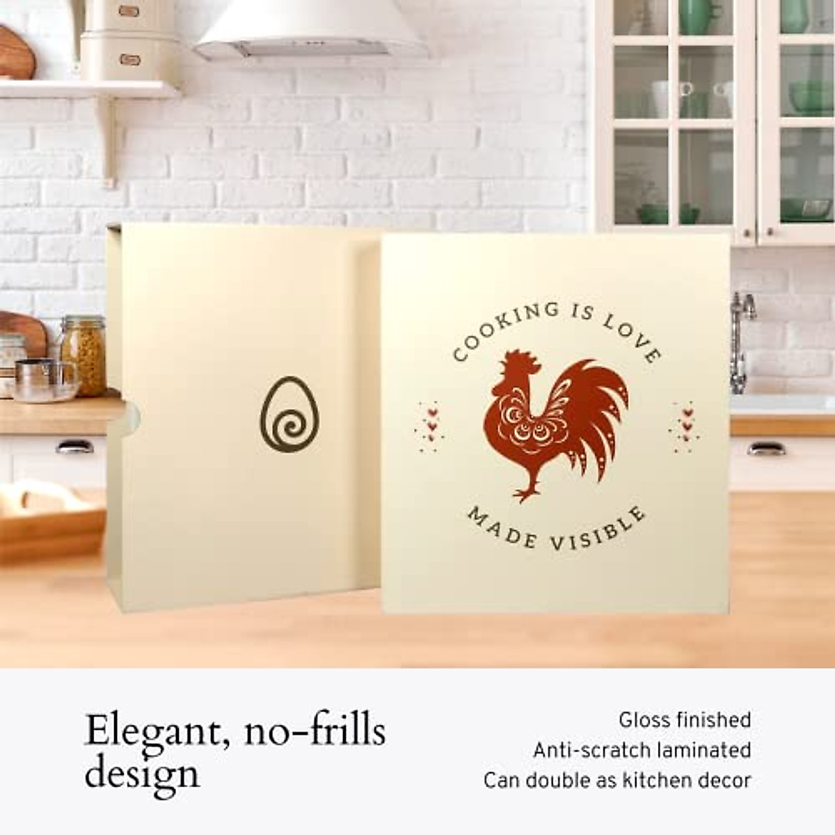 EGGBLU Recipe Binder with 25 Full Page Blank Recipe Sheets, 25 Plastic Page Protectors and 6 Tabbed Dividers, 11.5" x 13", Red Rooster Design