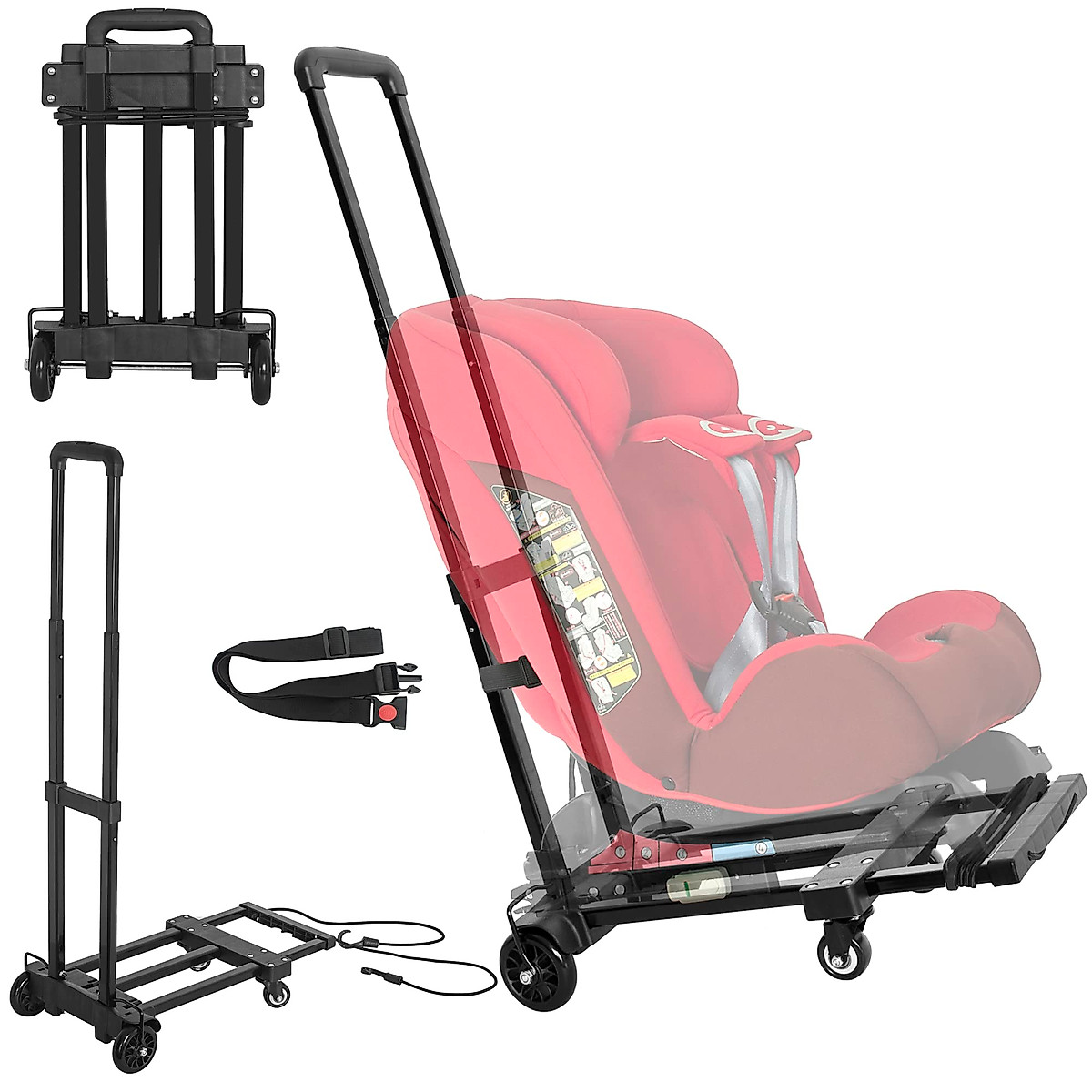 AKOZLIN Portable Travel Cart with Belt Adjustable Handle Compact Trolley Dolly Car Seat Cart(Only fit for car Seats with ISOFIX Interface)