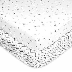 American Baby Company 2 Pack Fitted Pack N Play Playard Sheet 27" x 39", Soft Breathable Neutral 100% Cotton Jersey Pack and Play Sheet, Grey Stars/Zigzag, for Boys and Girls, Fits Most Mini Crib