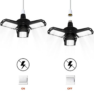 LED Garage Light, Aluminium Radar Motion Sensor Deformable LED Garage Ceiling Lights with Remote Control, 4 Dimmable 90W 9000LM E26/27 Built-in Battery Garage LED Ceiling Lights for Basement, Workshop