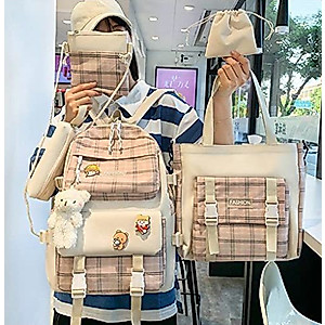 Homruis 5pcs Cute Backpack Kawaii Backpack Big Capacity School Backpack Handbag Messenger Bag with Pendant Bear for Girls