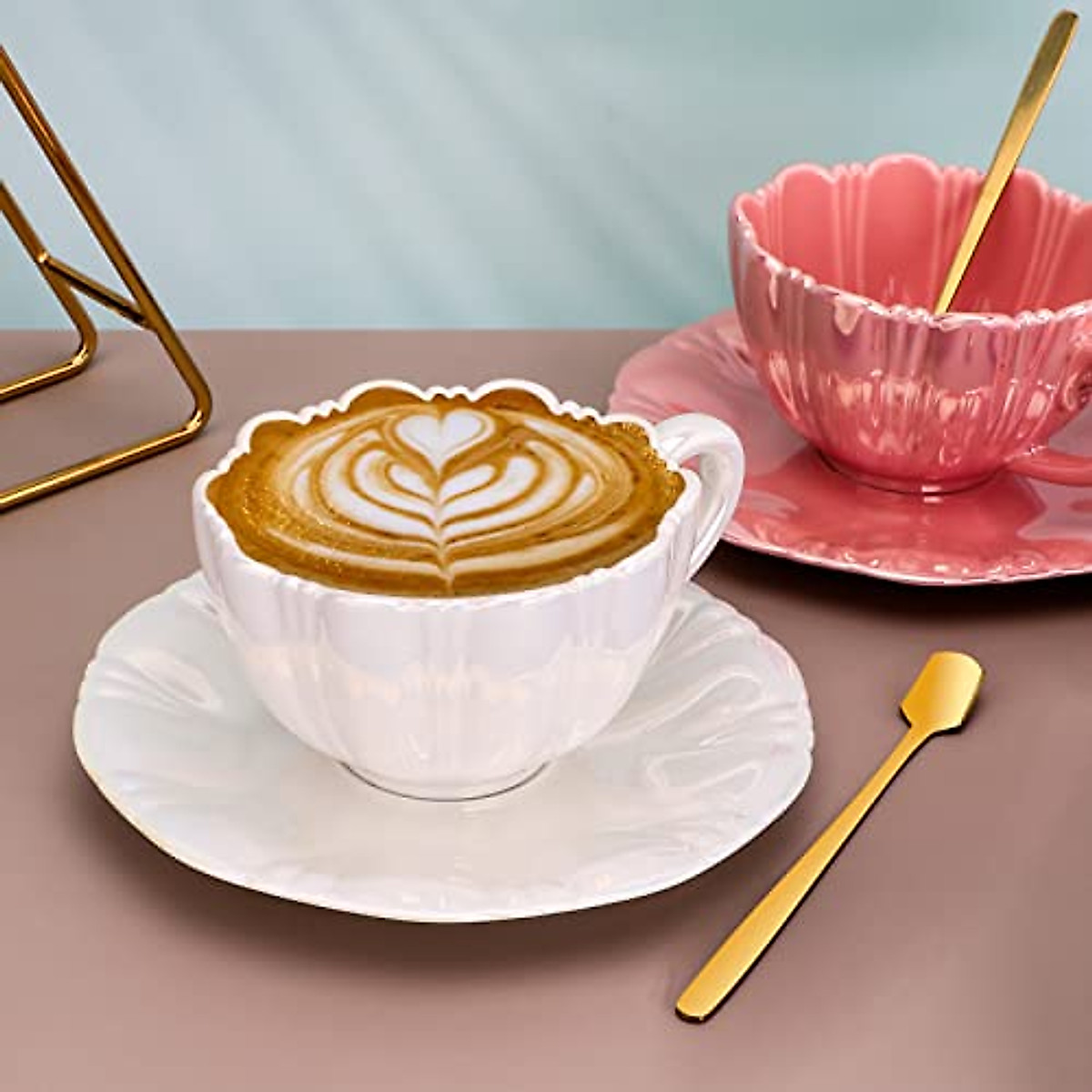 VCXOX Creative Cute Ceramic Coffee Mug with Flower Shape Saucer & Spoon Sets, Novelty Coffee Cup with Comfortable Grip for Office and Home, 8.1 oz/240 ML for Tea Latte Milk Cup (white)