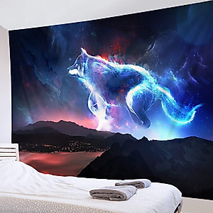 HVEST Wolf Tapestry Wall Hanging Mountains and Lake Night Natural Scenery Tapestries Wild Animal Wolve in Trippy Space Wall Decor Blanket for Bedroom Living Room Dorm,60x40 Inches